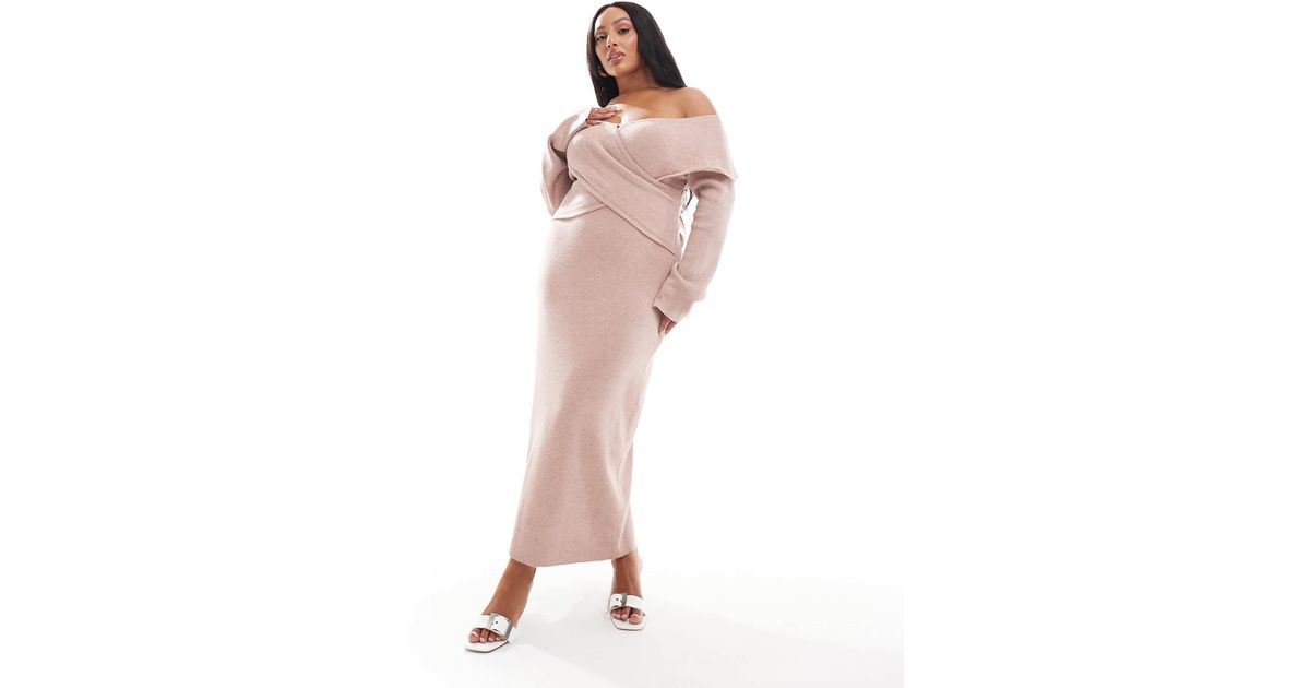 Pretty Lavish Curve Crossover Bardot Knit Midaxi Dress in Pink | Lyst