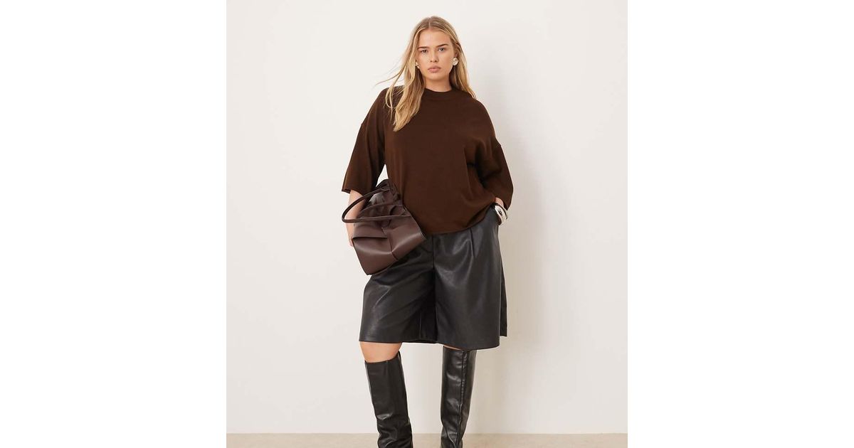 ASOS Curve Faux Leather Longline Shorts in Brown | Lyst UK