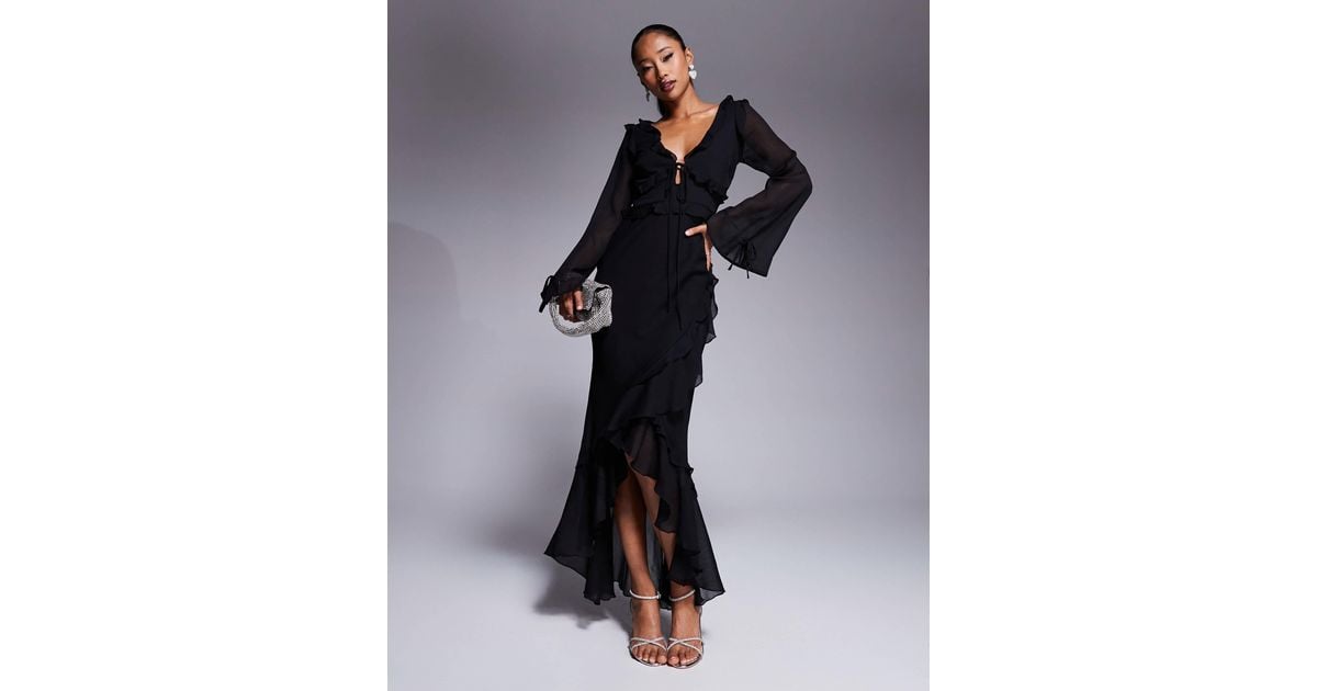 ASOS Tie Front Ruffle Midaxi Dress With High Low Hem in Blue | Lyst