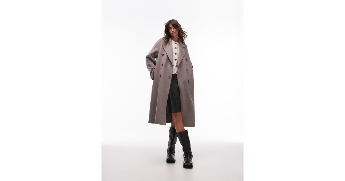Mango Double Breasted Longline Wool Coat in Brown | Lyst
