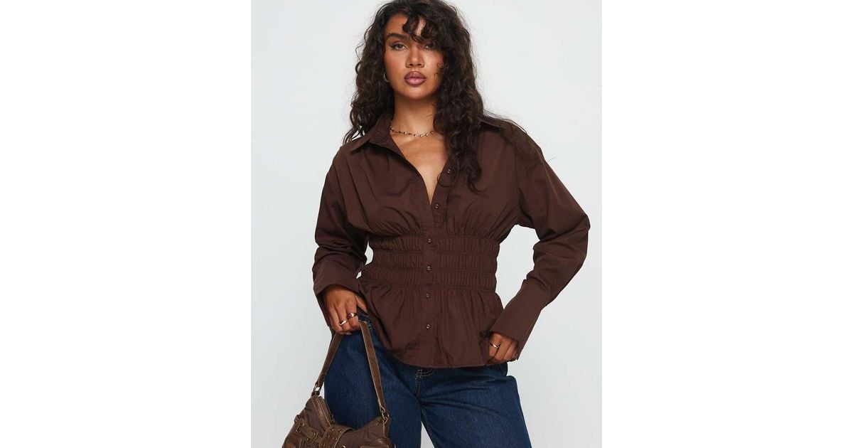Princess Polly As You Are Shirred Waist Button Up Shirt in Brown | Lyst UK
