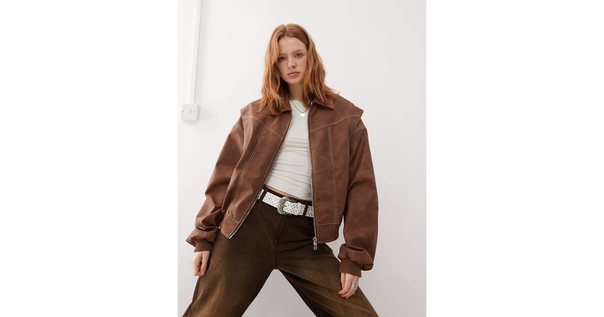 Lioness Exclusive Leather Look Contrast Stitch Bomber Jacket in Brown ...