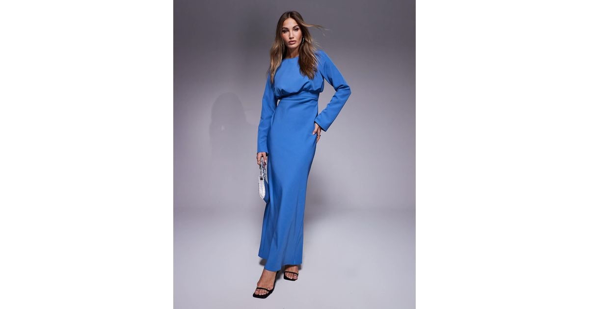 ASOS Structured Long Sleeve Maxi Dress With Ruched Bust in Blue | Lyst