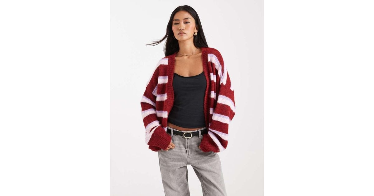 Miss Selfridge Edge To Edge Brushed Stripe Cardigan in Red | Lyst UK