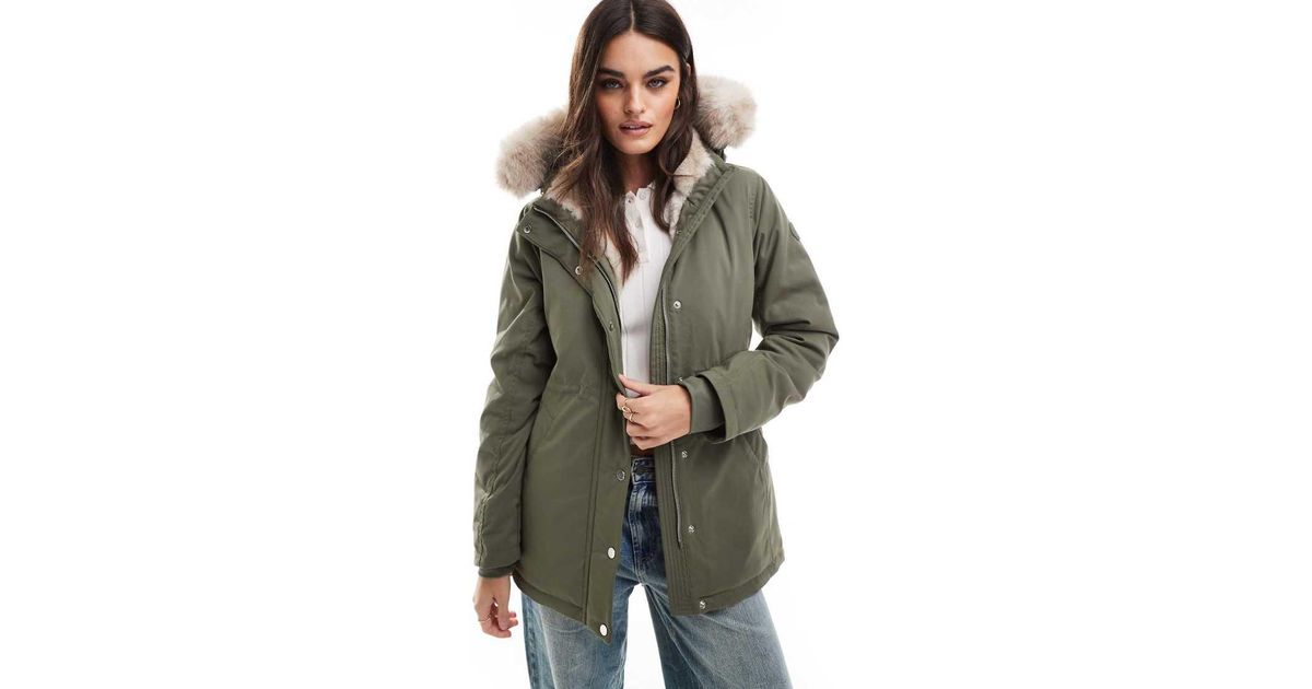 Hollister Teddy Faux Fur Lined Hooded Parka Jacket in Green | Lyst UK