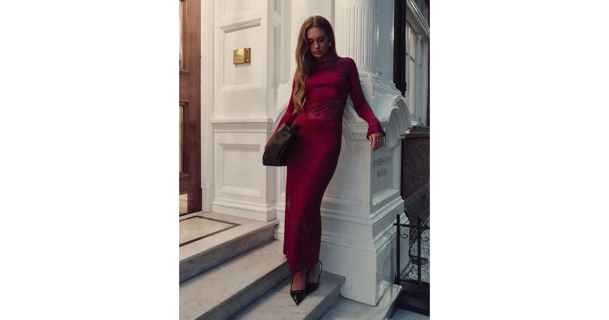 The Frolic X Bella Stovey Exclusive Lace Insert Fla Sleeve Maxi Dress in Red | Lyst
