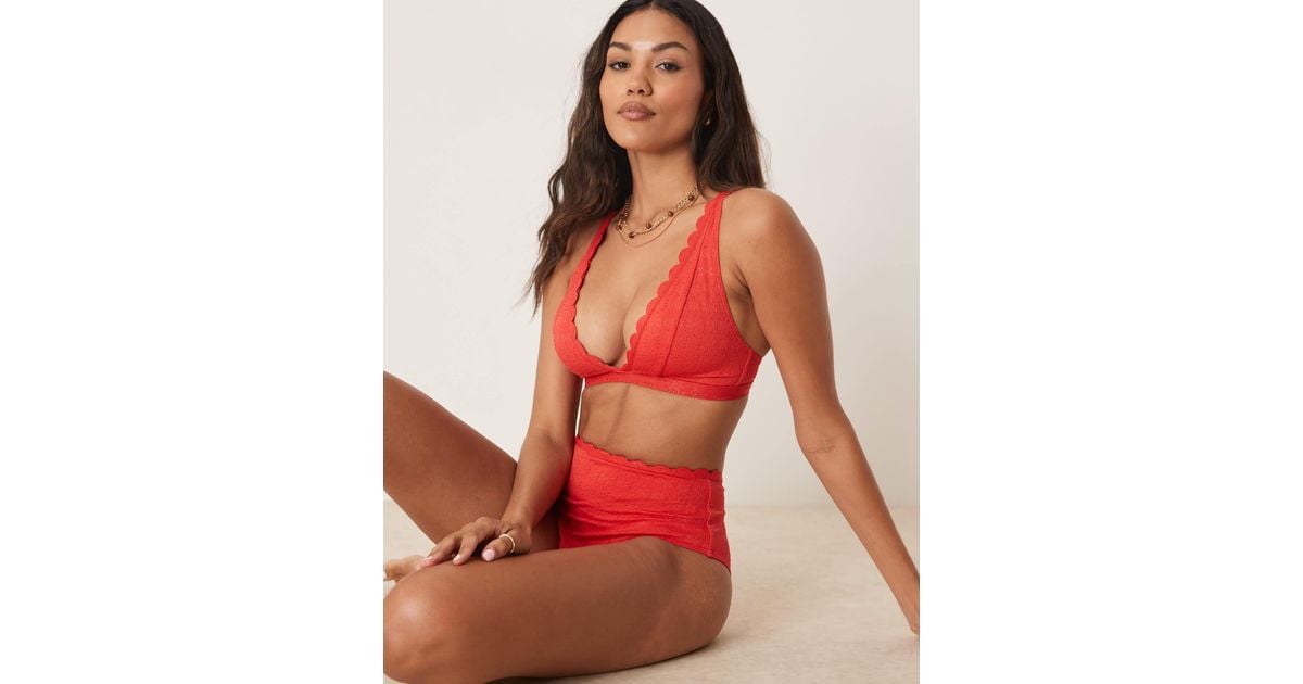 Peek & Beau Plunge Broderie Bikini Top With Scallop Detail in Red | Lyst