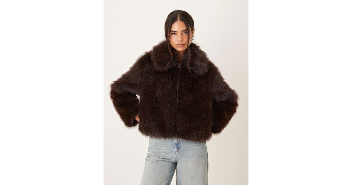 Mango Short Zip Up Faux Fur Jacket in Brown | Lyst