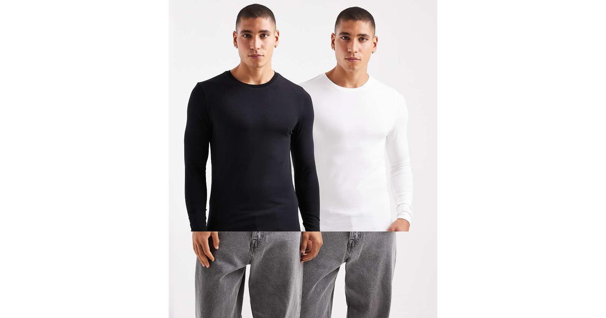 ASOS Essentials 2 Pack Muscle Fit Long Sleeve T-shirts in Black for Men ...