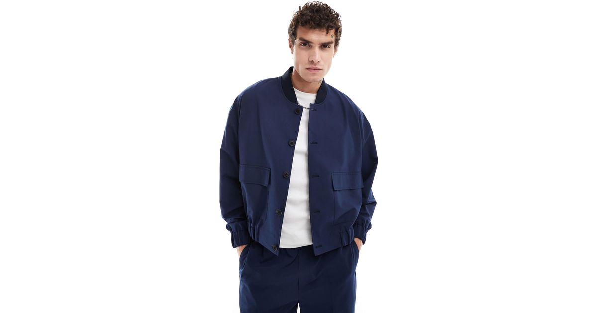 ASOS Smart Co-ord Button Through Bomber Jacket in Blue for Men | Lyst