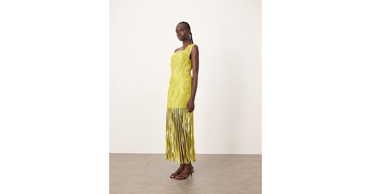 ARRANGE Asymmetric Tape Work Fringe Hem Mini Dress in Green | Lyst UK