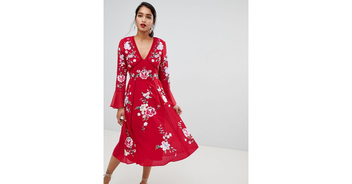 Asos Embroidered Midi Dress With Lace Trims Lyst Canada