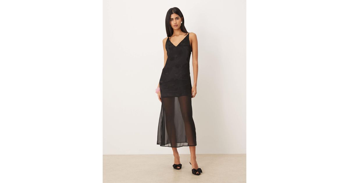 ASOS V Neck Satin Slip Maxi Dress With Sheer Skirt in Natural | Lyst