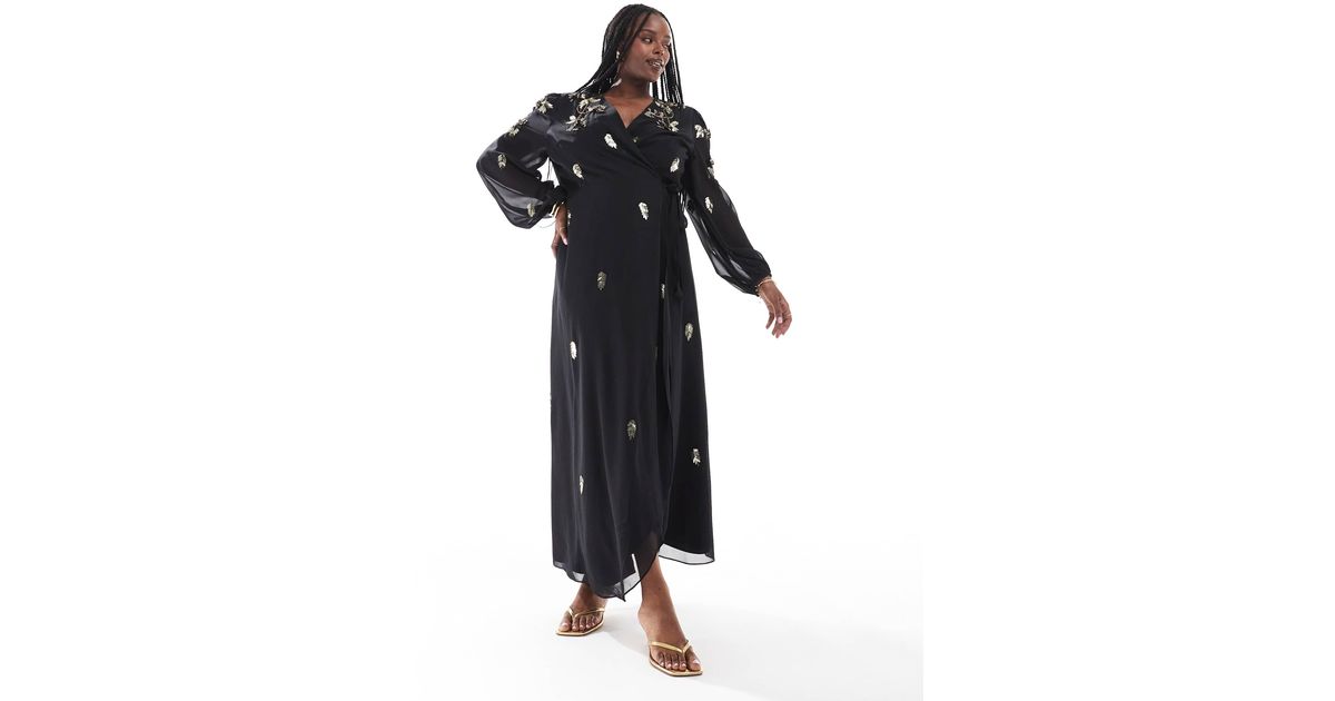 Hope & Ivy Plus Wrap Front Maxi Dress With Gold Embellishment in Black ...