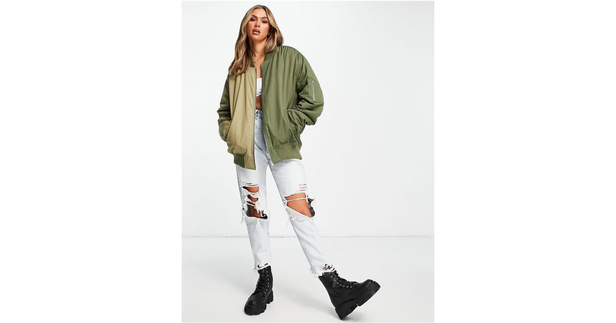 TOPSHOP Oversized Half And Half Contrast Bomber Jacket in Green | Lyst