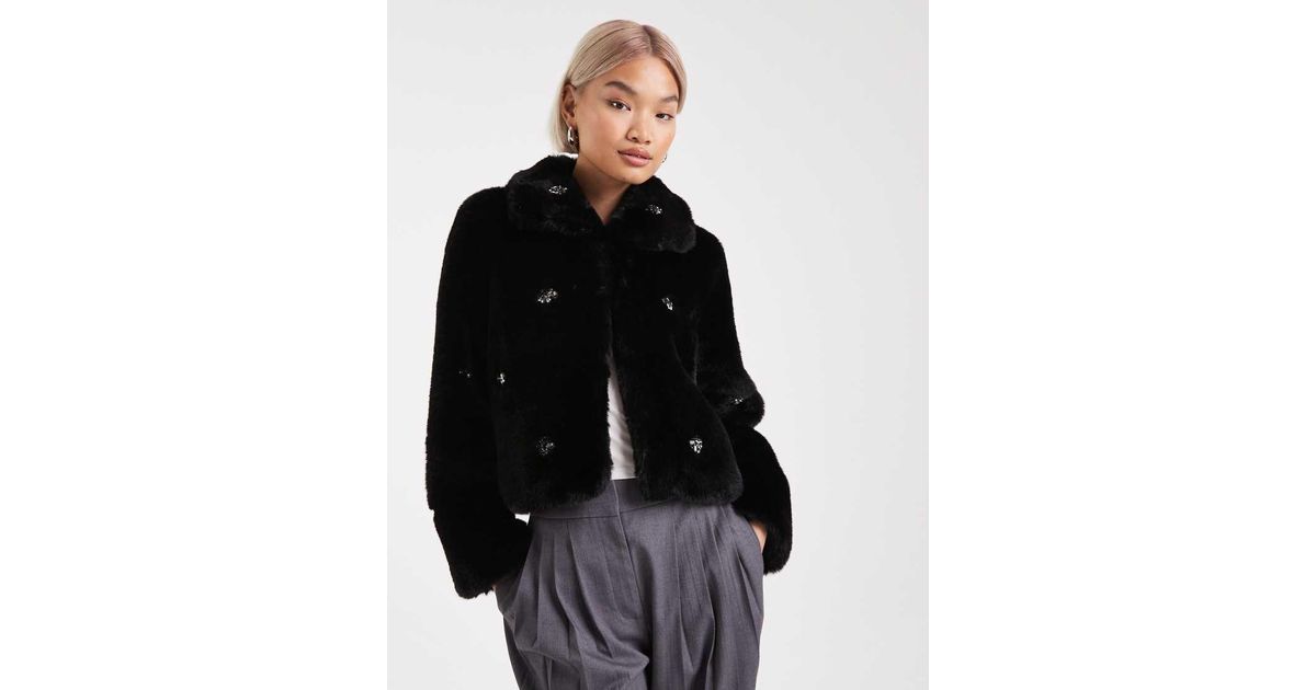 French Connection Embellished Cropped Faux Fur Coat in Black | Lyst UK