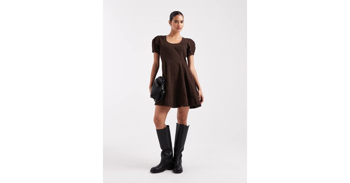 ASOS Denim Seamed Mini Dress in Brown | Lyst UK