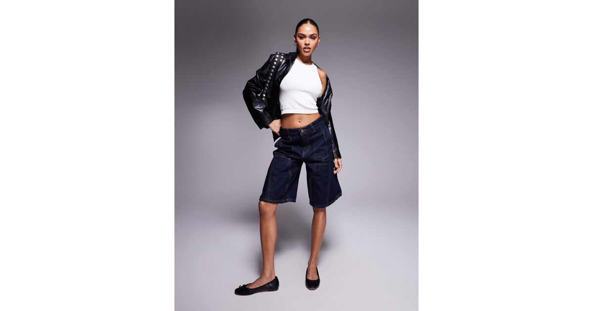 Courtside Panel Detail Denim Jorts With Back Pocket Logo Embroidery in ...