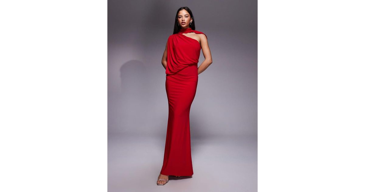 ASOS One Shoulder Drape Maxi Dress With Cape Detail in Red | Lyst UK