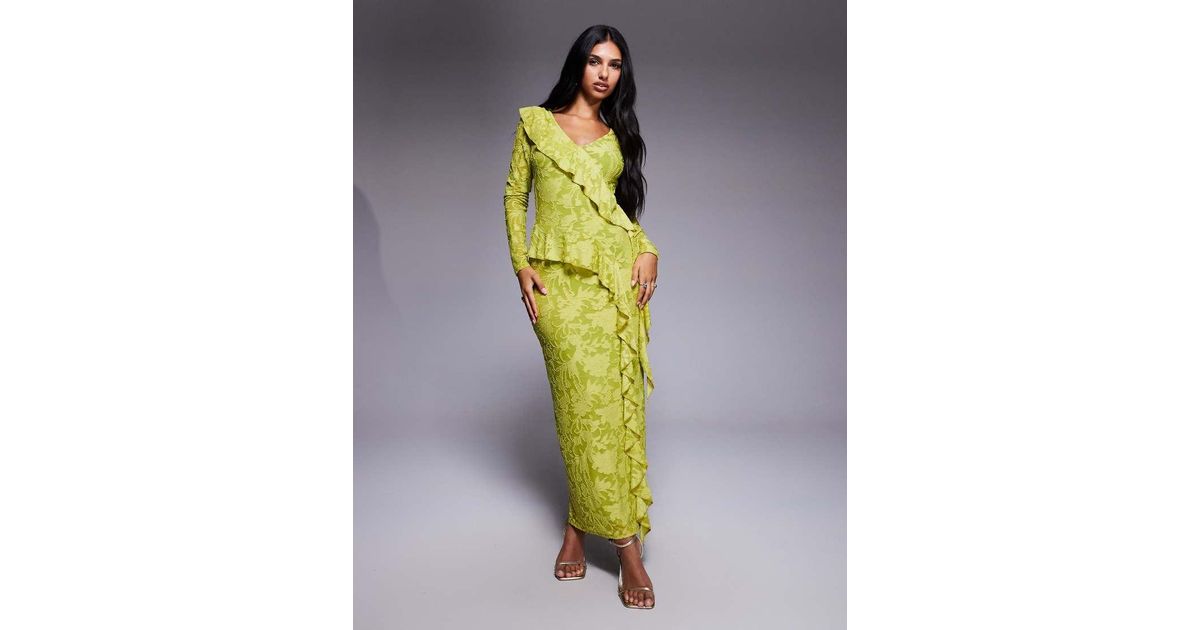 ASOS Devore Long Sleeve Ruffle Maxi Dress in Yellow | Lyst UK