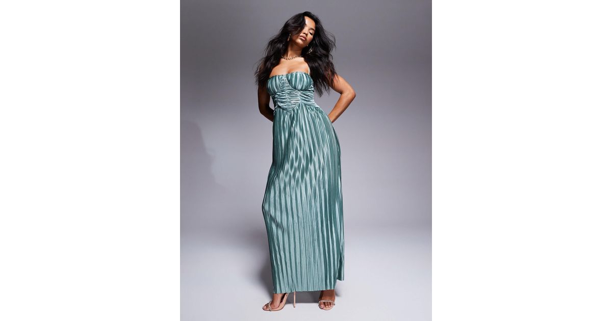 ASOS Metallic Plisse Cupped Ruched Detail Maxi Dress in Blue | Lyst