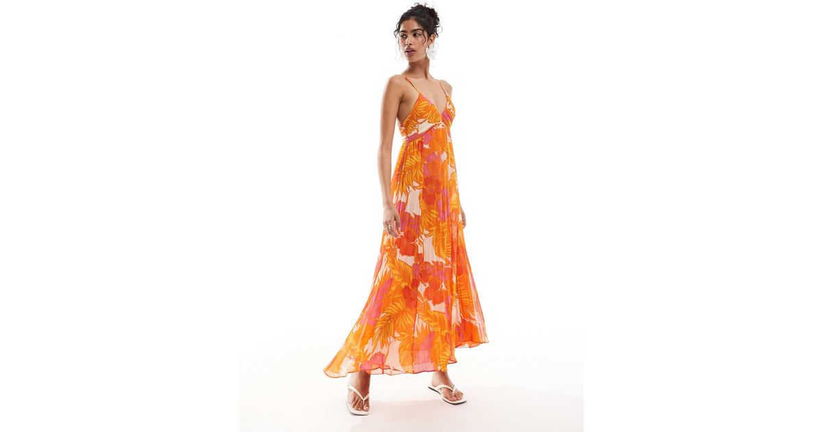 Mango Pleated Floral Print Dress in Orange | Lyst