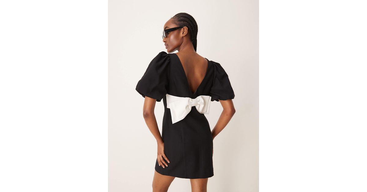 EVER NEW Bow Back Puff Sleeve Mini Dress in Black | Lyst