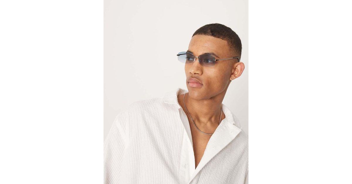ASOS Round Rimless Sunglasses With Blue Lens And Gunmetal Temples in ...
