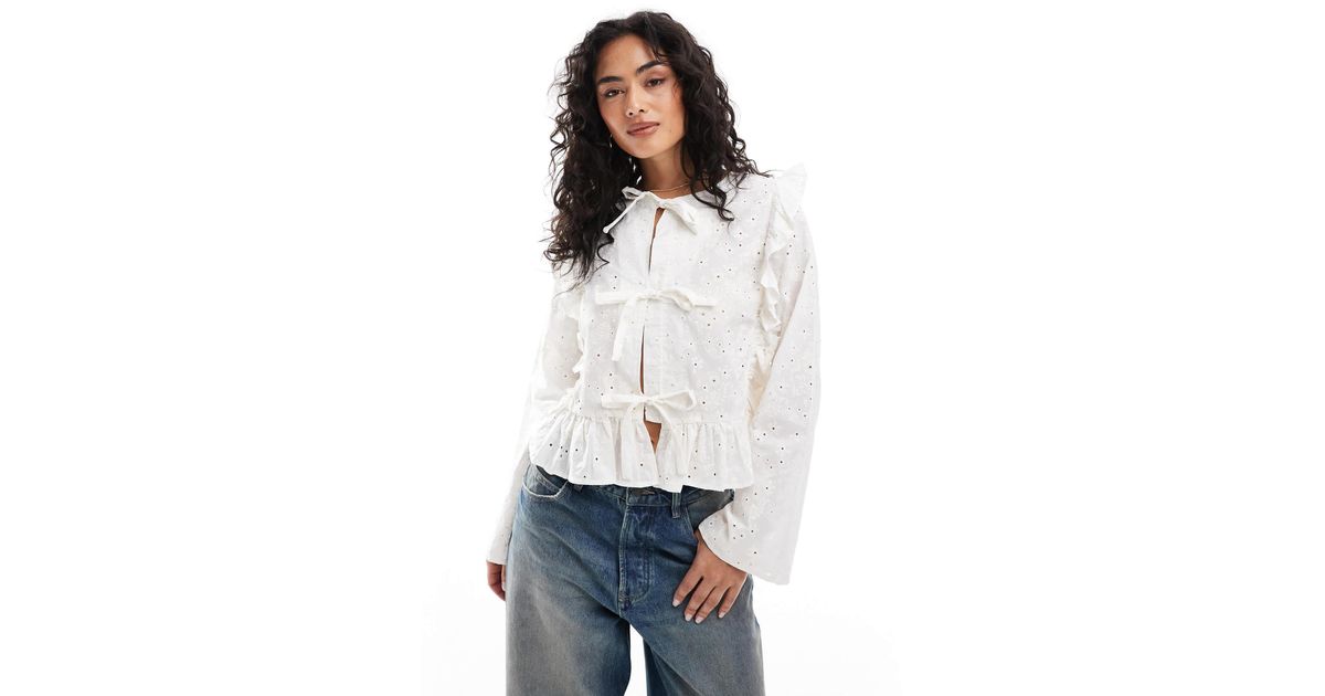 Object Tie Front Long Sleeved Blouse With Ruffles in White | Lyst