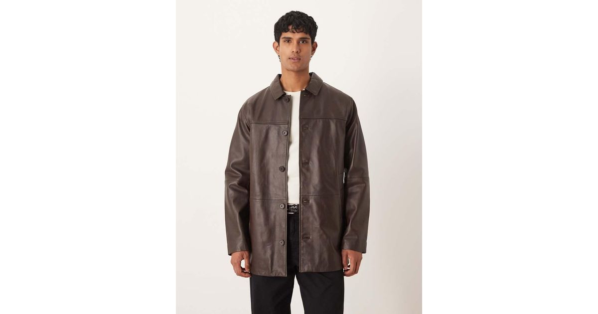 ASOS Mid Length Leather Shacket in Brown for Men | Lyst UK