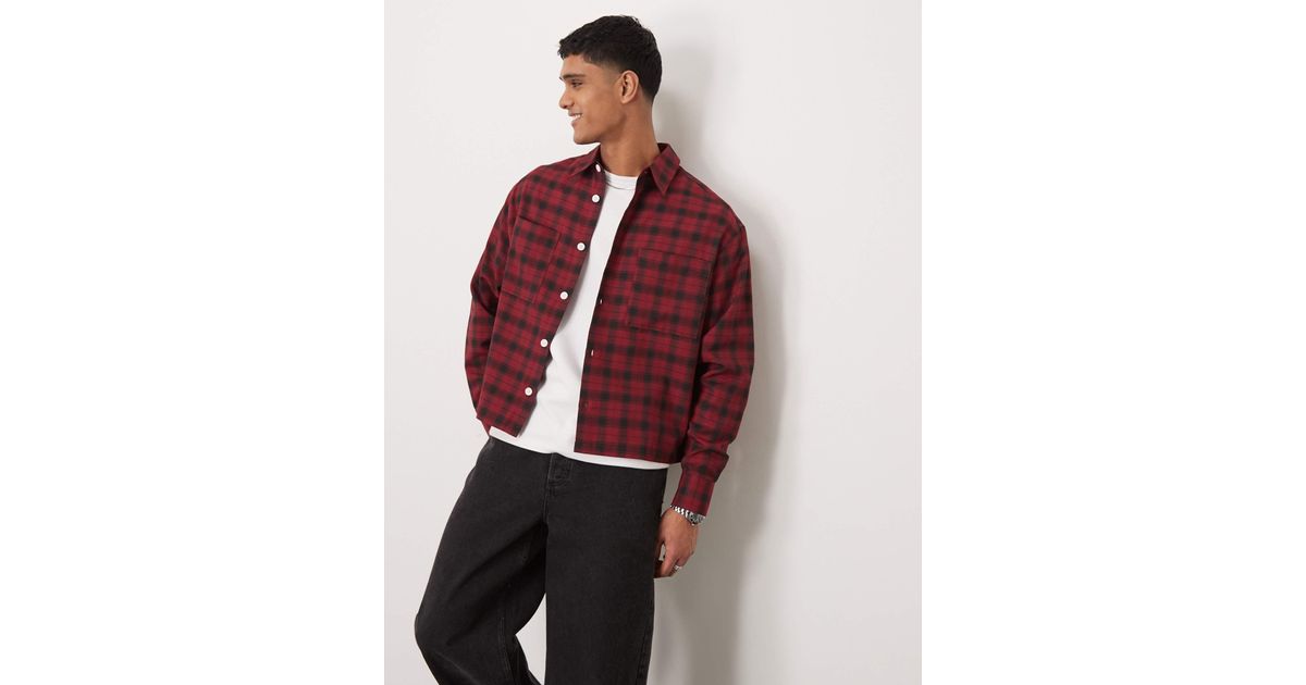 ASOS Oversized Boxy Flannel Shirt With Double Pocket in Red for Men | Lyst