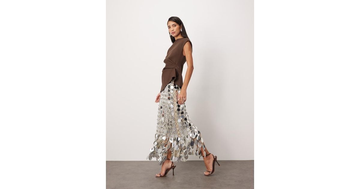 ARRANGE Futurist Sequin Fringe Hem Midi Skirt in Natural | Lyst UK
