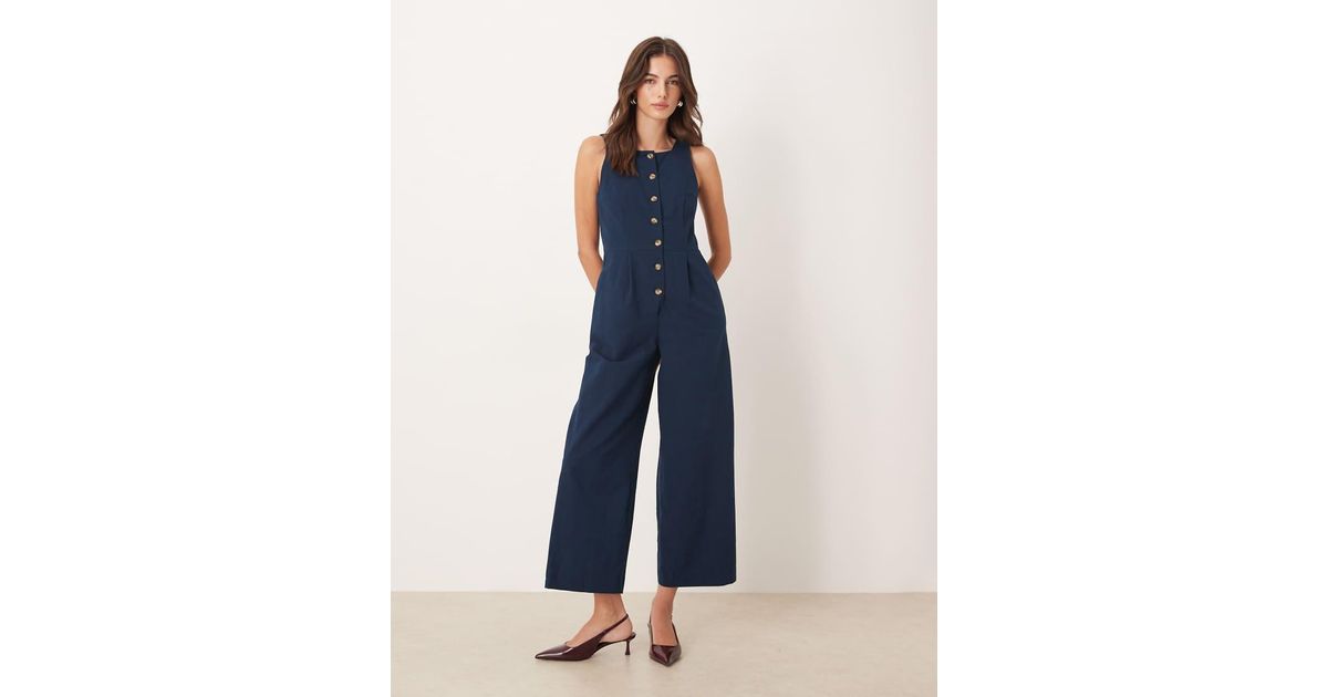Nobody's Child Tailored Button Front Jumpsuit With Square Neck in Blue ...