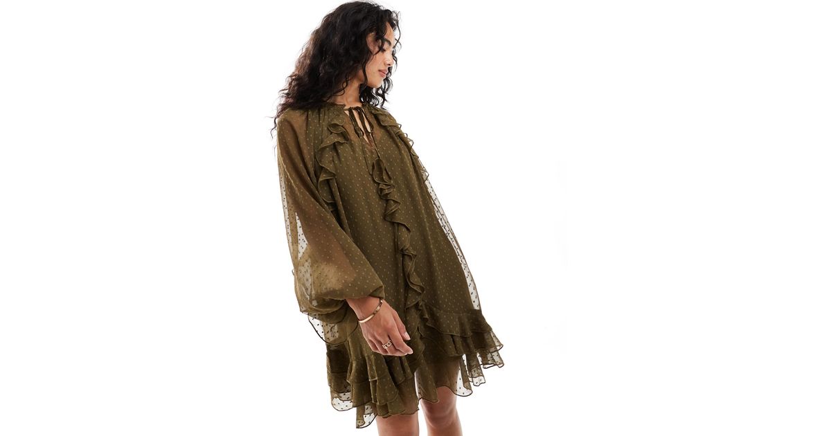 ASOS Dobby Chiffon Mini Dress With Ruffles & Blouson Sleeve | Lyst