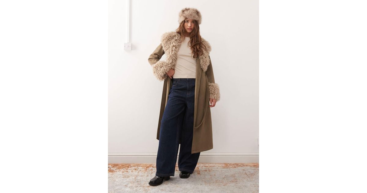 Reclaimed Vintage Longline Suede Look Trench Coat With Faux Fur Collar ...