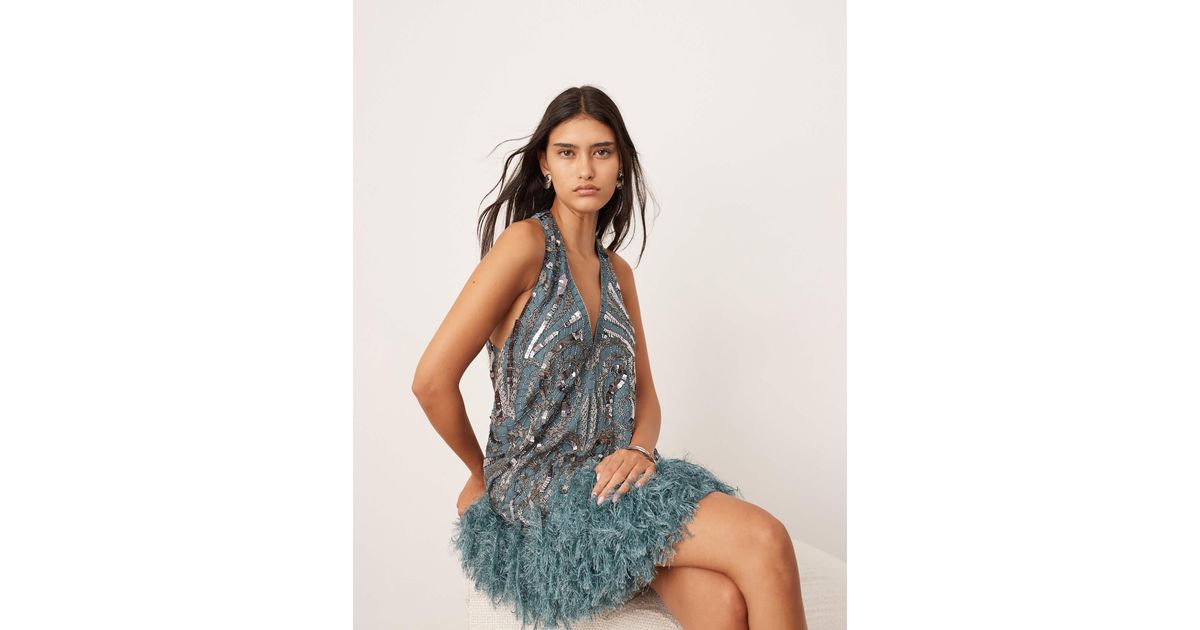 ASOS Embellished Plunge Neck Mini Dress With Faux Feather Hem in Blue | Lyst