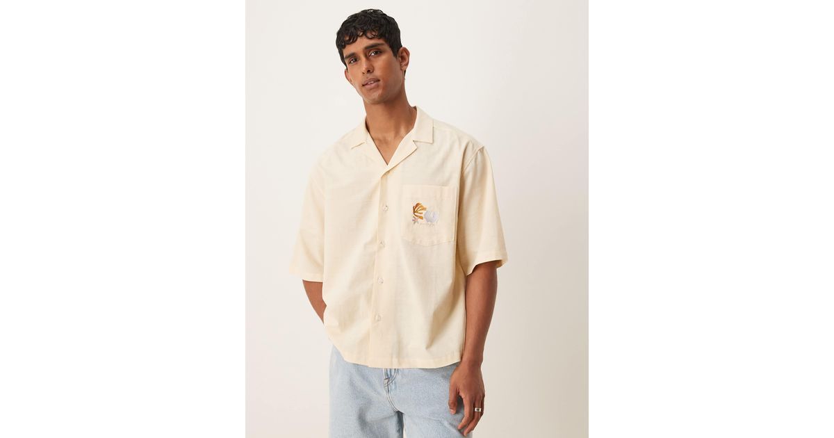 ASOS Boxy Oversized Revere Shirt With Chest Embroidery in Natural for ...