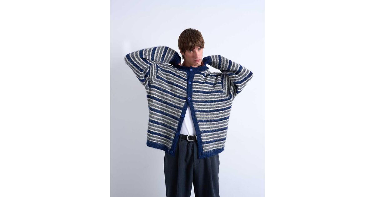 TOPMAN Fluffy Stripe Crew Cardigan in Blue for Men | Lyst UK