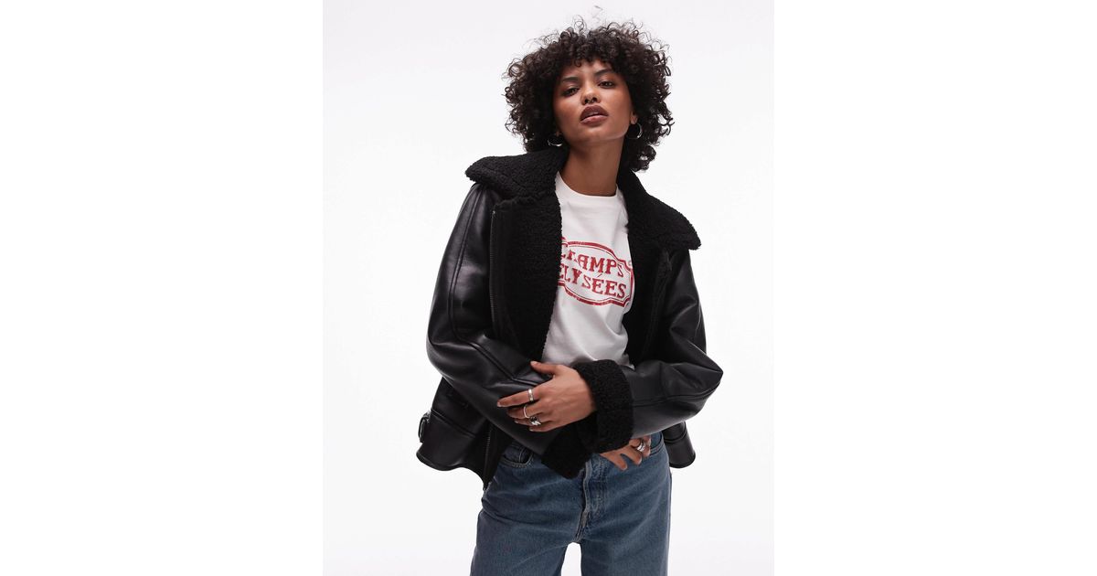 TOPSHOP Shearling Aviator Jacket in Black | Lyst