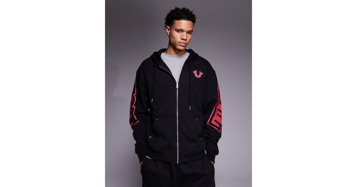 TRUE RELIGION Overarch Zip Through Logo Co-Ord Hoodie With Back Print ...