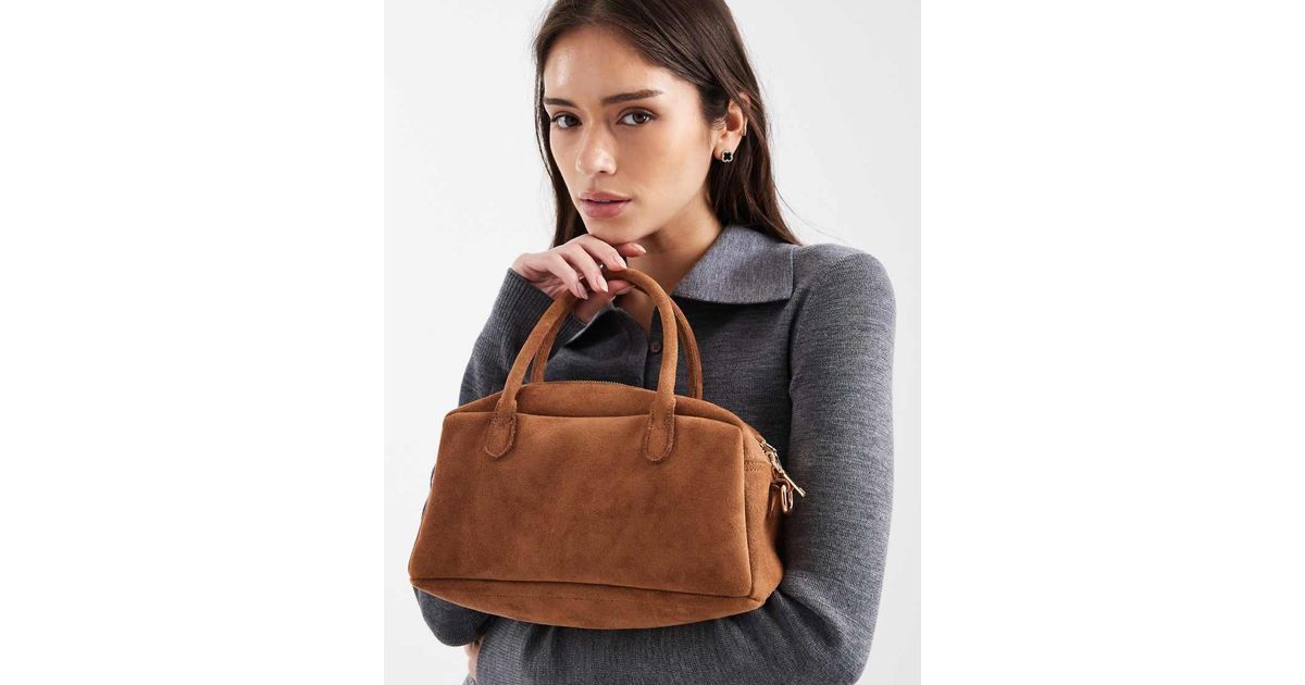 PASQ Small Suede Bowling Bag With Crossbody Strap in Brown | Lyst UK