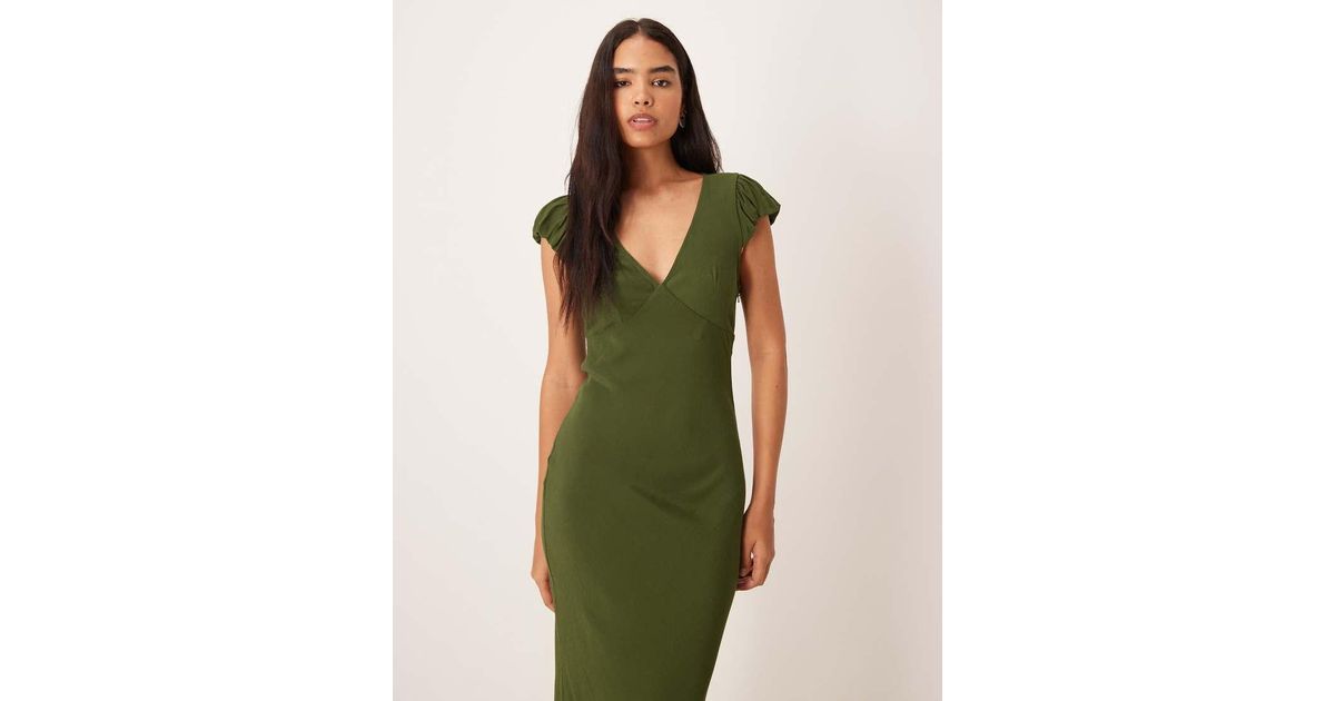 ASOS Puff Sleeve V-neck Maxi Tea Dress in Green | Lyst UK