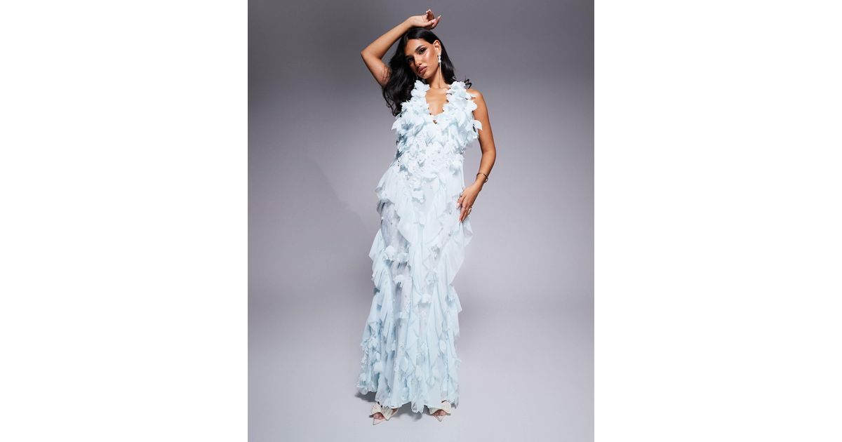 ASOS 3d Floral Halter Neck Lace Ruffle Maxi Dress in Blue | Lyst