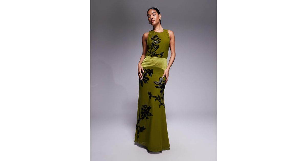 ASOS Shadow Floral Embellished Satin Panel Maxi Dress in Green | Lyst UK