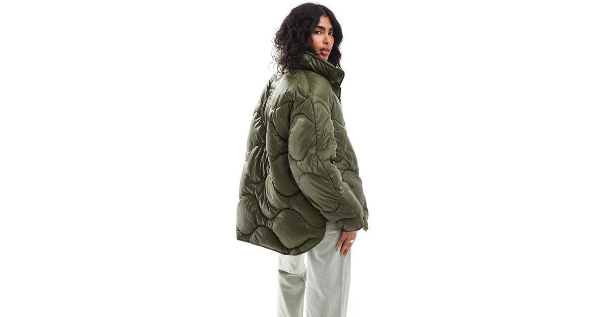 JJXX Oversized Quilted Jacket With High Neck in Green | Lyst