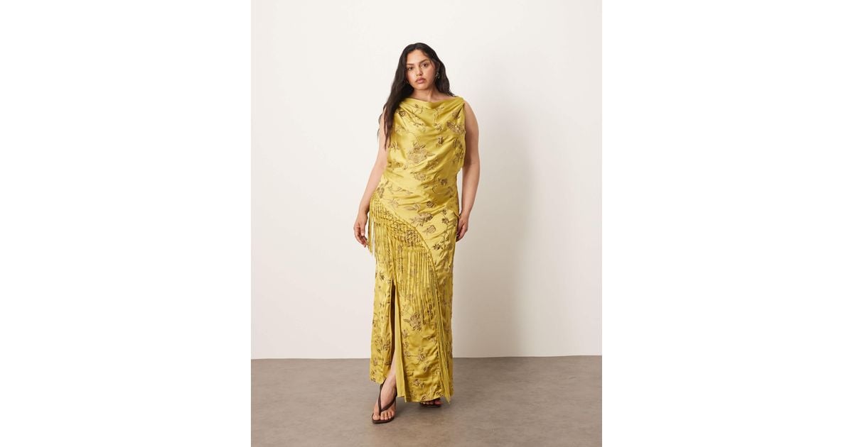 ARRANGE Curve Embroidered Satin Drape Midi Dress With Fringe in Metallic | Lyst