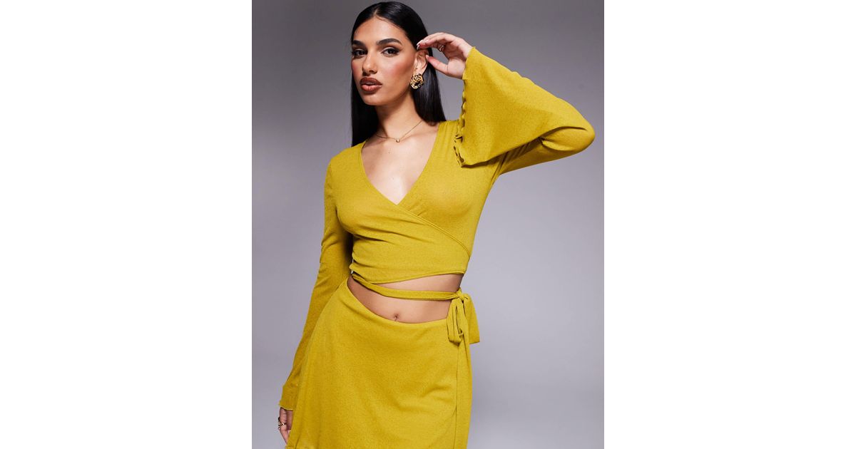 ASOS Angel Sleeve Mesh Wrap Front Top in Yellow | Lyst