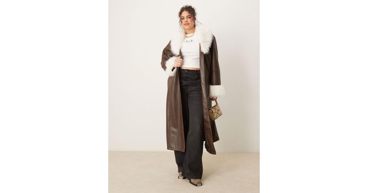 ASOS Asos Design Curve Faux Fur Collar And Cuff Longline Leather Look Coat in Natural | Lyst