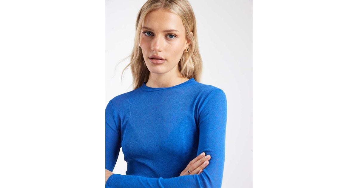 ASOS Gauzy Sheer Long Sleeve Top in Blue | Lyst UK