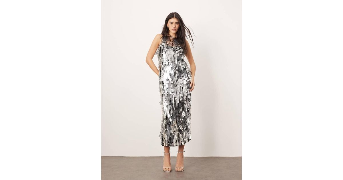 ARRANGE Geo Shard Sequin Low Back Column Midi Dress in Natural | Lyst UK